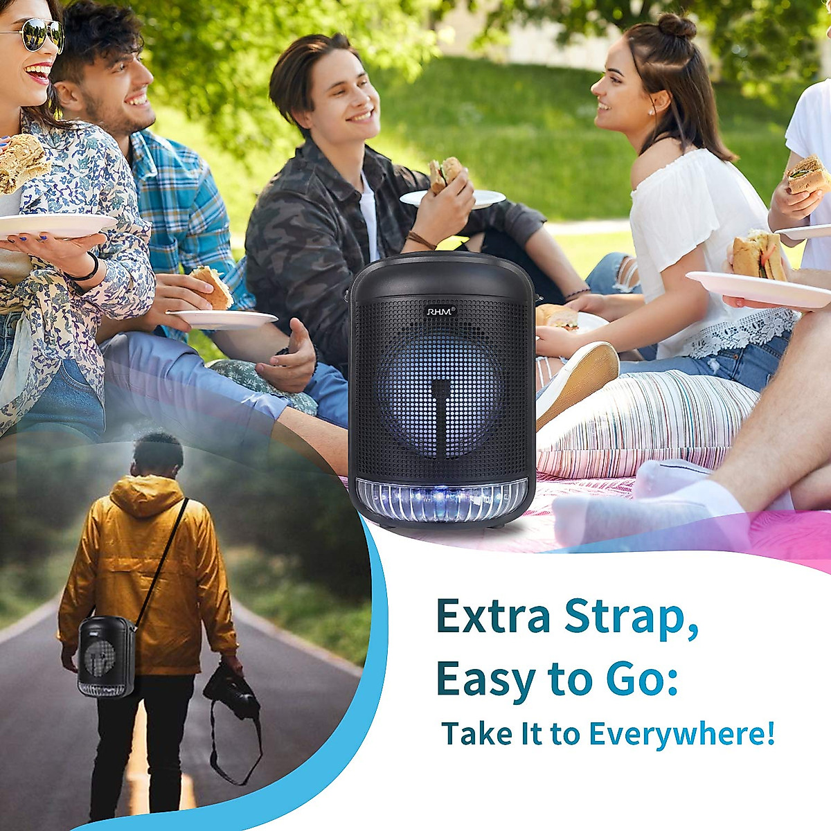 RHM K113 Karaoke Machine with 6 Color Change, Powerful Sound, Rechargeable Battery & A Wired Microphone, 6 Hours Playtime, Support Bluetooth/AUX/USB/TF/FM/REC, for Home/Party/Picnic/Outdoor Actives