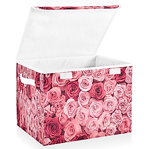 Vnurnrn Collapsible Storage Bins with Lids, Pink Roses Foldable Storage Boxes, Storage Box Cube with Lid for Clothes,Bedroom,Toys,16.5x12.6x11.8 Inch