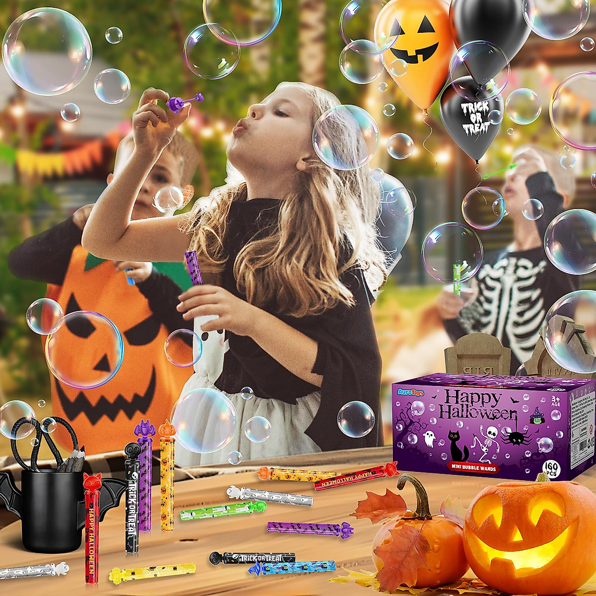 AuroTops 160pcs Halloween Mini Bubble Wands, Halloween Party Favors for Kids, Halloween-Themed Stickers Bubble Wands for Trick or Treat, Goodie Bags, Halloween Toys Gifts for Kids