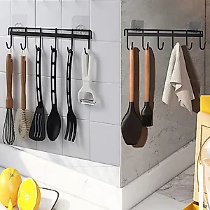 Nmgkokew 2Pcs Kitchen Utility Hooks,Wall Mount Kitchen Utensil Rack with 6 Hooks,Wall Mounted Rail,No Drilling Kitchen Utensil Holder,Space Saving Kitchen Wall Hooks for Kitchen Bathroom. (black)