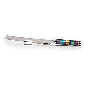 Yair Emanuel Challah Knife Metal Handle with Multi Color Rings Design Cutting Knife - Serrated Bread Knife 13 Inch - Ultra-Sharp Bread Cutter