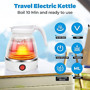 Foldable Electric Kettle for Travel, Portable Collapsible 600ML Kettle with Auto Shut-Off, 110V Silicone Quick Boiling Hot Water Kettle for Coffee Tea Boiling Water
