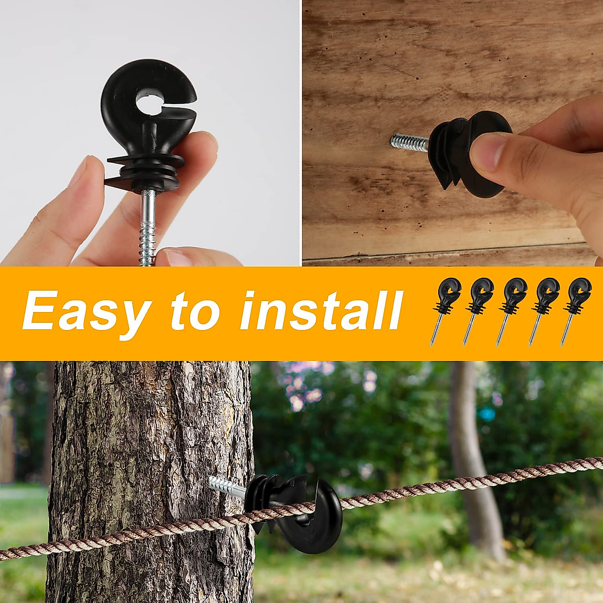 20pcs Electric Fence Insulator, Screw-in Insulator Fence Ring Post with a Insulator Socket Tool Self Tapping Wood Post Ring Insulators for Farm Animal (Black)