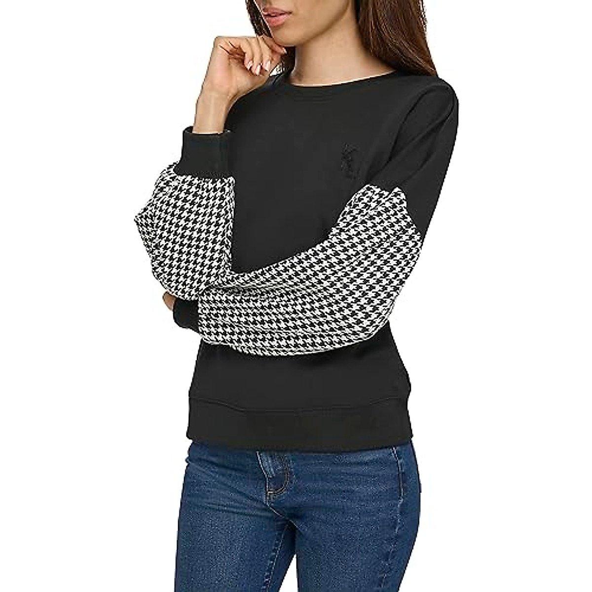 Karl Lagerfeld Paris Women's Houndstooth Detail Long Sleeve Blouse, Black