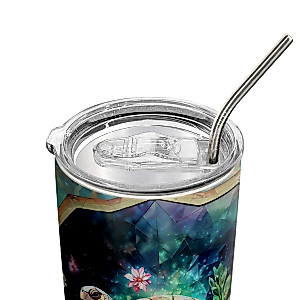 20oz Stained Glass Flower Sea Turtle Tumbler, Gifts for Turtle Lovers, Ocean, Beach Gifts, Coffee Thermos for Women, Stainless Steel Double Wall Vacuum Insulated Coffee Mug, Travel Cup with Lid