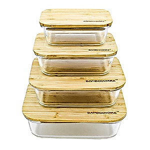 Bambooware Glass Containers with Lids | Non Plastic Glassware Set - Natural Raw Organic Wooden Bamboo Lids | Set of 4 | Reusable, BPA Free | Perfect for Meal Prep, Lunch, Leftovers, Kitchen