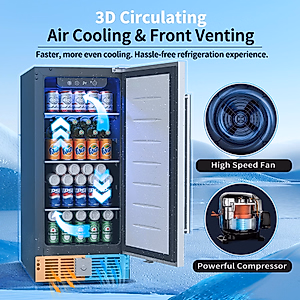 Feelfunn 15 Inch Undercounter Beverage Refrigerator - 126 Cans Beverage Fridge with Stainless Steel Door for Beer Wine Soda - Built-in or Freestanding Wine Cooler for Home Kitchen Bar Outdoor
