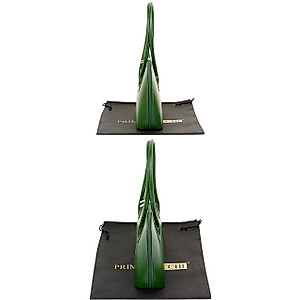 PRIMO SACCHI Italian Smooth Leather Green Classic Long Handled Handbag Tote Grab Bag Shoulder Bag