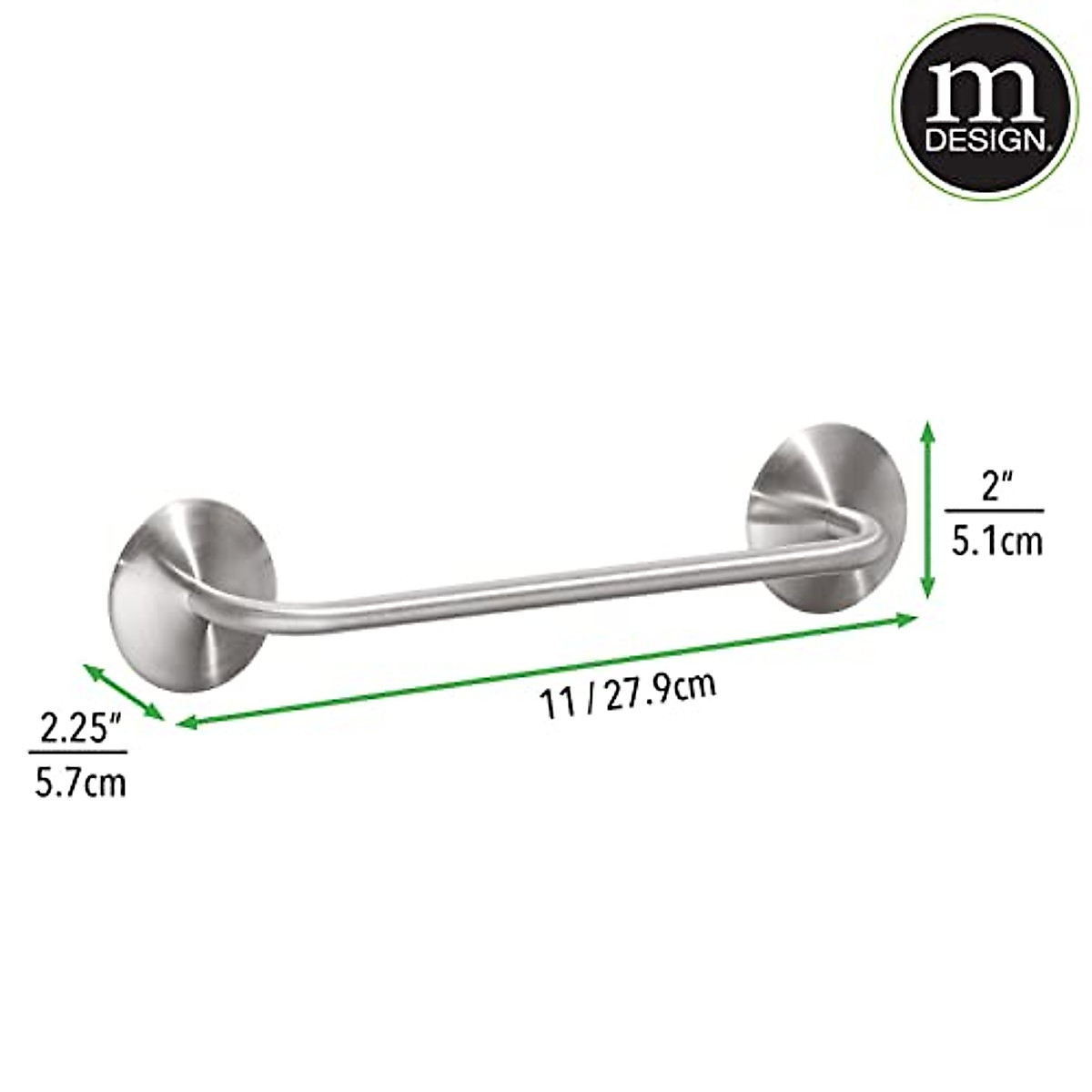 mDesign Decorative Metal Small Towel Bar - Strong Self Adhesive - Storage and Display Rack for Hand, Dish, and Tea Towels - Stick to Wall, Cabinet, Door, Mirror in Kitchen, Bathroom - 2 Pack - Brushed