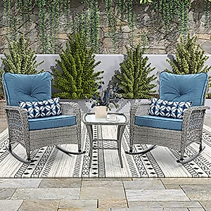 UDPATIO 3 Piece Patio Set Rocking, Rattan Outdoor Rocking Patio Bistro Set with 2 Rockers and 1 Side Table with 4‘’ Thick Cushions for Backyard, Porch, Balcony, Poolside(Blue)