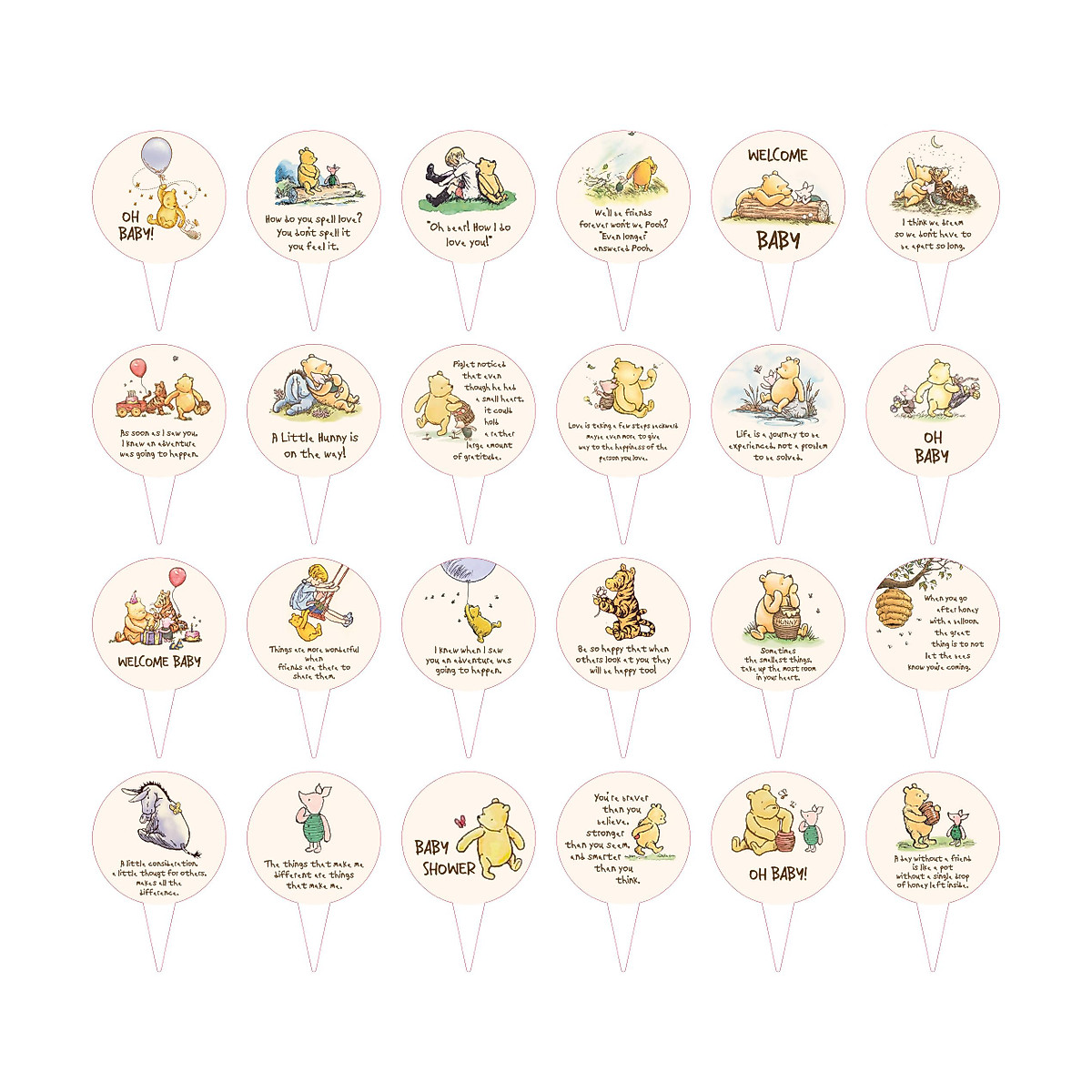 WEECUTES® Winnie Baby Shower Decorations Cupcake Toppers Classic Pooh Quotes 1 st Birthday Party Supplies For Kids Dessert Favor Cake Decor 48 Pcs