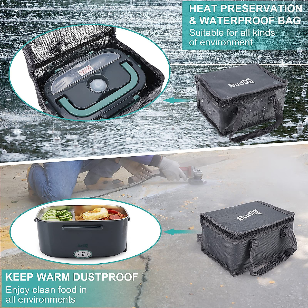 Budth 80W Electric Lunch Box, Portable Food Warmer for Car Truck Office Construction Site, 12V 24V 110-230V Adapter, Leak Proof, 304 Stainless Steel Container, SS fork & Spoon and Carry Bag (Green)