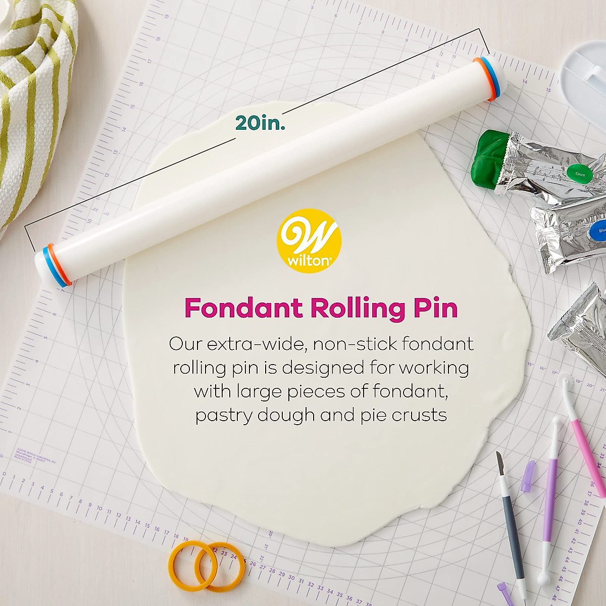 Wilton Large Fondant Rolling Pin with Guide Rings - Fondant Roller Ideal for Rolling Large Amounts of Fondant on Tiered Cakes, 20-Inch