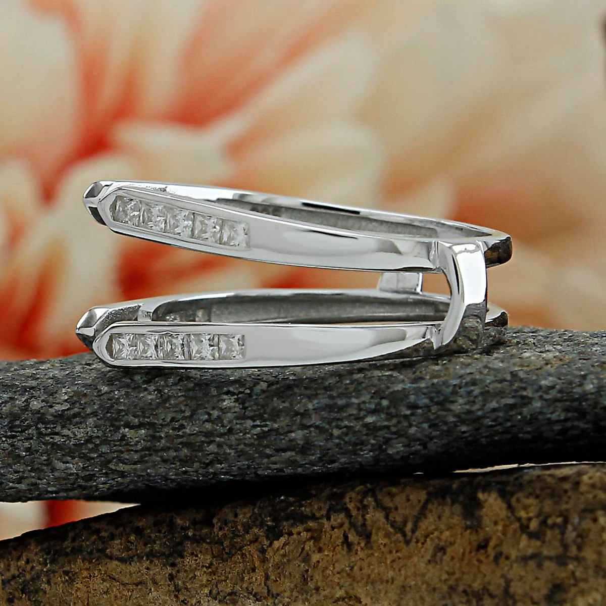 SAVEARTH DIAMONDS 0.46 Carat Princess Cut Lab Created Moissanite Diamond Cathedral Ring Guard Enhancer For Women In 14K White Gold Over Sterling Silver(D Color, VVS1 Clarity 0.46 Cttw)-9.5