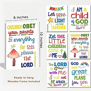 Sunday School Decorations for Classroom, Framed Bible Verse Wall Decor for Kids Room, Christian Religious Wall Art Canvas for Nursery Playroom Bedroom (Set of 6, 8X10in, Framed)