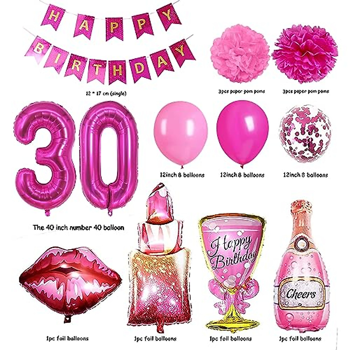 Crenics Rose Pink 30th Birthday Decorations for Women - Happy Birthday Banner, Paper Pom Poms, 30 Number Balloon, Lipstick Champagne Balloons and 24 Latex Balloons for Women 30 Birthday Party Supplies