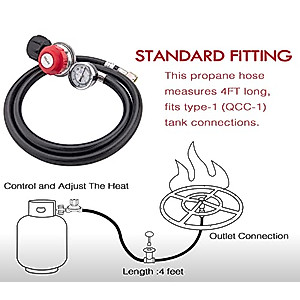 YOHIB 4FT Adjustable Propane Regulator with Hose High Pressure, 0-30PSI Gauges LP Gas Grill Adjustable Regulator Hose Fit for QCC1 Tank, BBQ Grill, Burners, Fryers, Heaters, Cooker