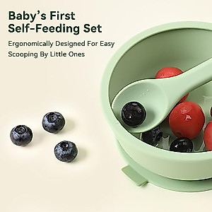 Yoofoss Baby Bowls with Suction - Toddler Bowls with Lids - 100% Silicone Baby Feeding Set include 2 Pack of Suction Bowls, Forks & Spoons - BPA Free - Microwave & Dishwasher Safe - Green