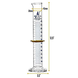 EISCO Graduated Cylinder, 250mL - ASTM, Class B Tolerance ±2.00mL Protective Collar, Hexagonal Base Blue Graduations Borosilicate 3.3 Glass- Eisco Labs