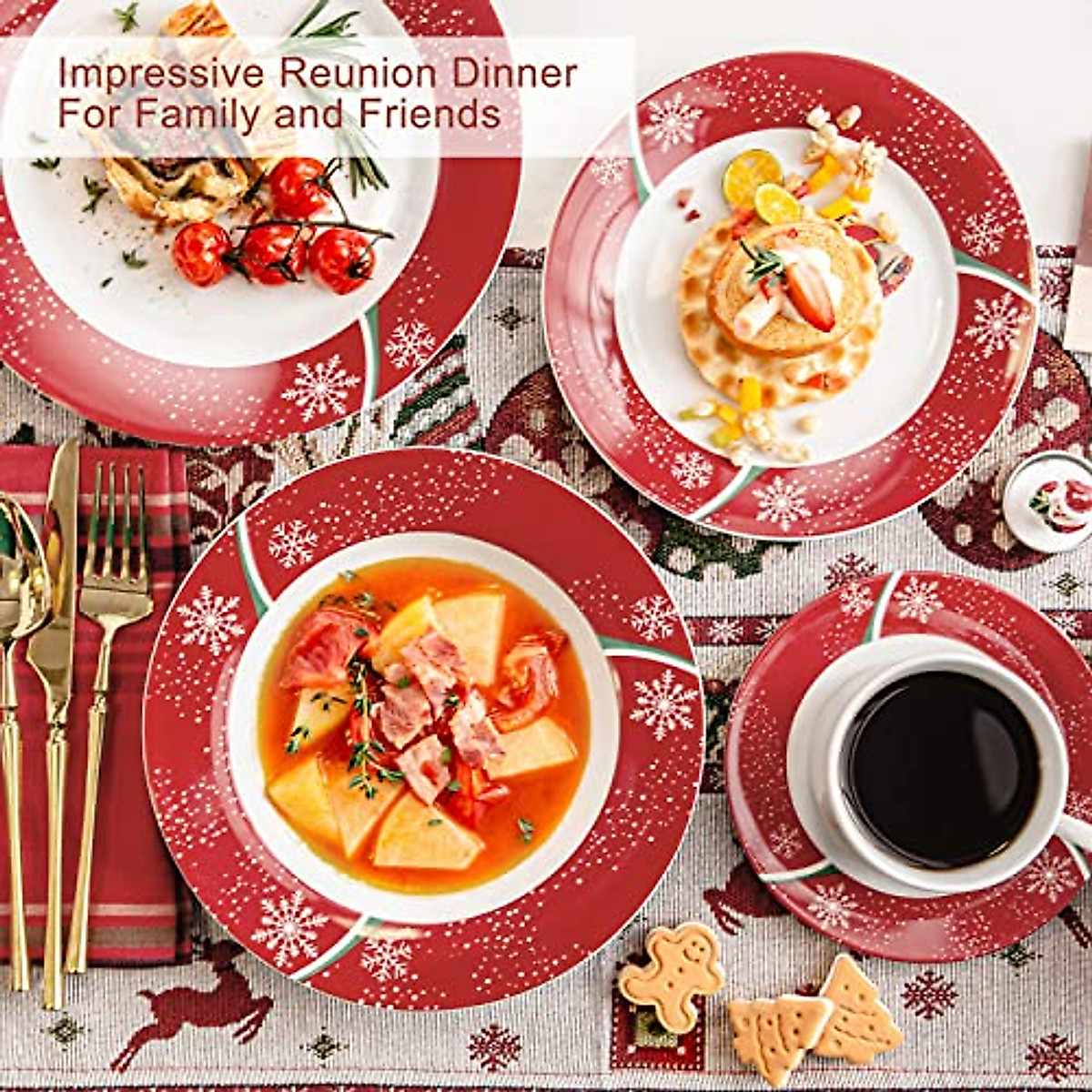 VEWEET Christmas Dinner Set for 6, 30 Piece Ceramic Christmas Dishes, Christmas Deer Plate Sets with Dinner Plate, Dessert Plate, Soup Plate, Cup, Saucer, Service for 6, Christmas Deer Series