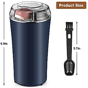 Finphoon Coffee Grinder Electric, Spice Grinder, Coffee Bean Herb Grinder with Integrated Brush Spoon, One-touch Push-Button Stainless Steel Grinding for Herb Peanut Grains Beans(Blue)