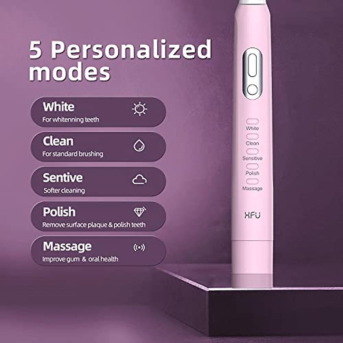 XFU Sonic Toothbrushes for Adults and Kids, 3 Brush Heads, with 5 Modes and IPX7 Waterproof, Battery Electric Toothbrush Build in 2 Mins Timer 40,000 VPM XF-11 Pink