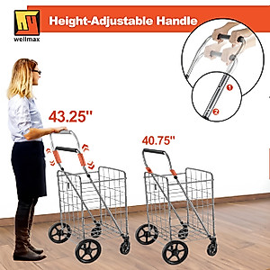 Wellmax Grocery Shopping Cart with Adjustable Handle and Swivel Wheels, Heavy Duty Foldable and Collapsible Utility Cart