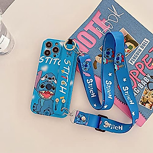 Hosiss Cartoon Case for iPhone 13 Pro Max 6.7" with HD Screen Protector, Stitch Upgraded Wrist Strap Band Adjustable Lanyard TPU Shockproof Protective Phone Case for Women