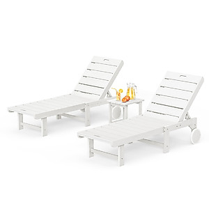 Homenjoy Chaise Lounge Chair Outdoor with Table, 3-Piece, HDPS Material, Outdoor Pool Lounge Chairs with 5-Position Backrest, Patio Lounge Chair with Wheels for Outside, Poolside, Beach, White
