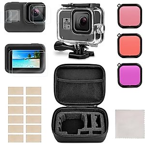 Waterproof Housing Case Accessories Kit Compatible with GoPro Hero 8 Bundle Include Waterproof Housing Case + Tempered Glass Screen Protector + Carrying Case + Snorkel Filter + Anti-Fog Inserts