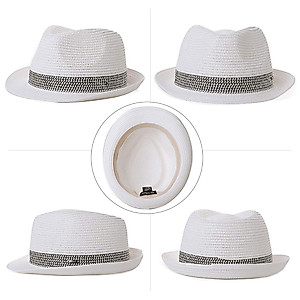 Fancet Packable White Straw Fedora Panama Sun Summer Beach Derby Hat Cuban Trilby Men Women Medium