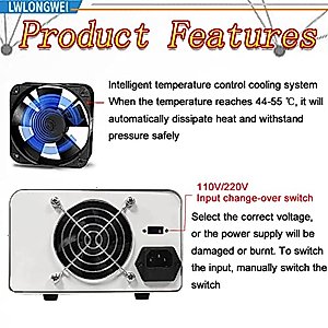 DC Power Supply Variable,30V 6A 180W Adjustable Switching Regulated DC Bench Power Supply with 4-Digits LED Power Display 5V/2A USB Output, Coarse and Fine Adjustments White