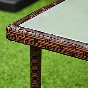 Outsunny Patio Wicker Dining Table, Outdoor Rattan Coffee Table with Glass Top for Garden, Patio, or Backyard, Deep Coffee