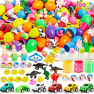 JOYIN 100 Pcs Prefilled Easter Eggs with Toys Plus Stickers, Filled Easter Eggs with Toys Party Favors for Kids Boys Girls Easter Eggs Hunt, Easter Basket Stuffers Fillers,Classroom Prize Supplies