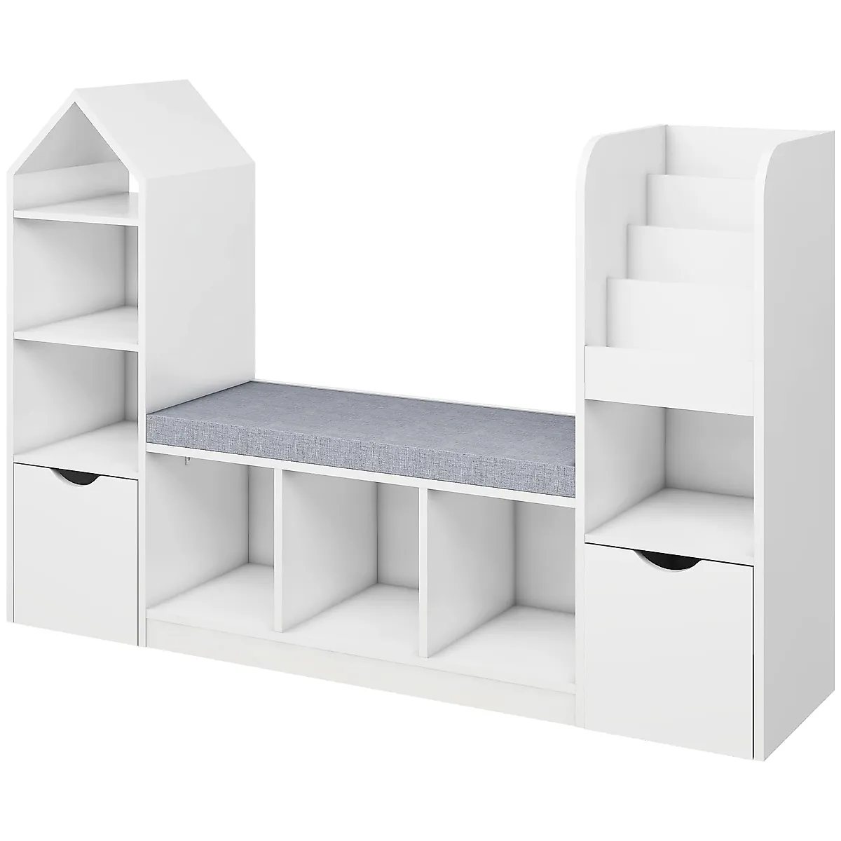 Vabches Kids Bookcase and Bookshelf with Reading Nook, Multifunctional Bookcase with 7 Storage Cubbies 2 Movable Drawers, Bookcase with Seat Cushion for Toy Storage Organizer Children's Room, Bedroom
