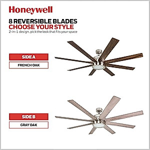 Honeywell Ceiling Fans Xerxes Modern 62 Inch Ceiling Fan with Light, Remote Control Fan, LED Indoor Fan with 8 Blades, French Oak and Gray Oak Blade Finish Options, Brushed Nickel (50608-01)