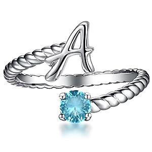 AILAAILA March Initial Birthstone Rings for Women Adjustable Dainty Letter Ring Stackable Stacking Ring for Mother Daughter Birthday Jewelry Gift A