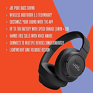 JBL Tune 720BT - Wireless Over-Ear Headphones with JBL Pure Bass Sound, Bluetooth 5.3, Up to 76H Battery Life and Speed Charge, Lightweight, Comfortable and Foldable Design (Black)