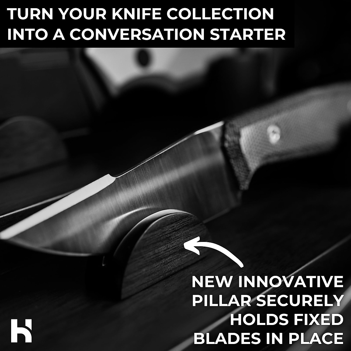 Luxury Knife Display Case for Fixed Blades and Pocket Knives – Large Drawer & Solid Wood Pillars – Wooden Knife Box – Display ESEE Knives, Benchmade, WESN and More – Christmas Gift for Men