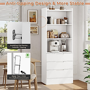 DICTAC 73.23'' Tall Storage Cabinet Bookcase with 3 Drawers and 3-Tier Open Shelves Wooden Bookshelf Kitchen Pantry Storage Cabinets Storage Organizer for Living Room, Study, Kitchen,Bathroom,White