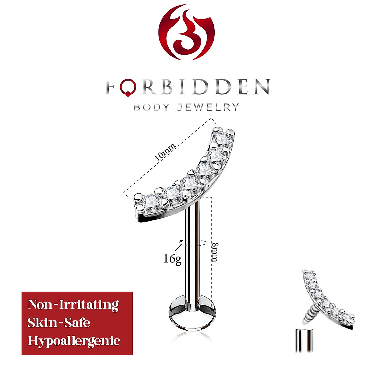 Forbidden Body Jewelry 16g 8mm Internally Threaded Surgical Steel Cartilage Stud with CZ Lined Curved Top