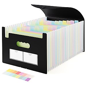 EOOUT 24 Pockets Accordian File Organizer, Portable Expanding File Folders with Expandable Cover, Desktop Plastic Accordion Folders Letter A4 Paper, Document Storage Organizer with Blank Labels