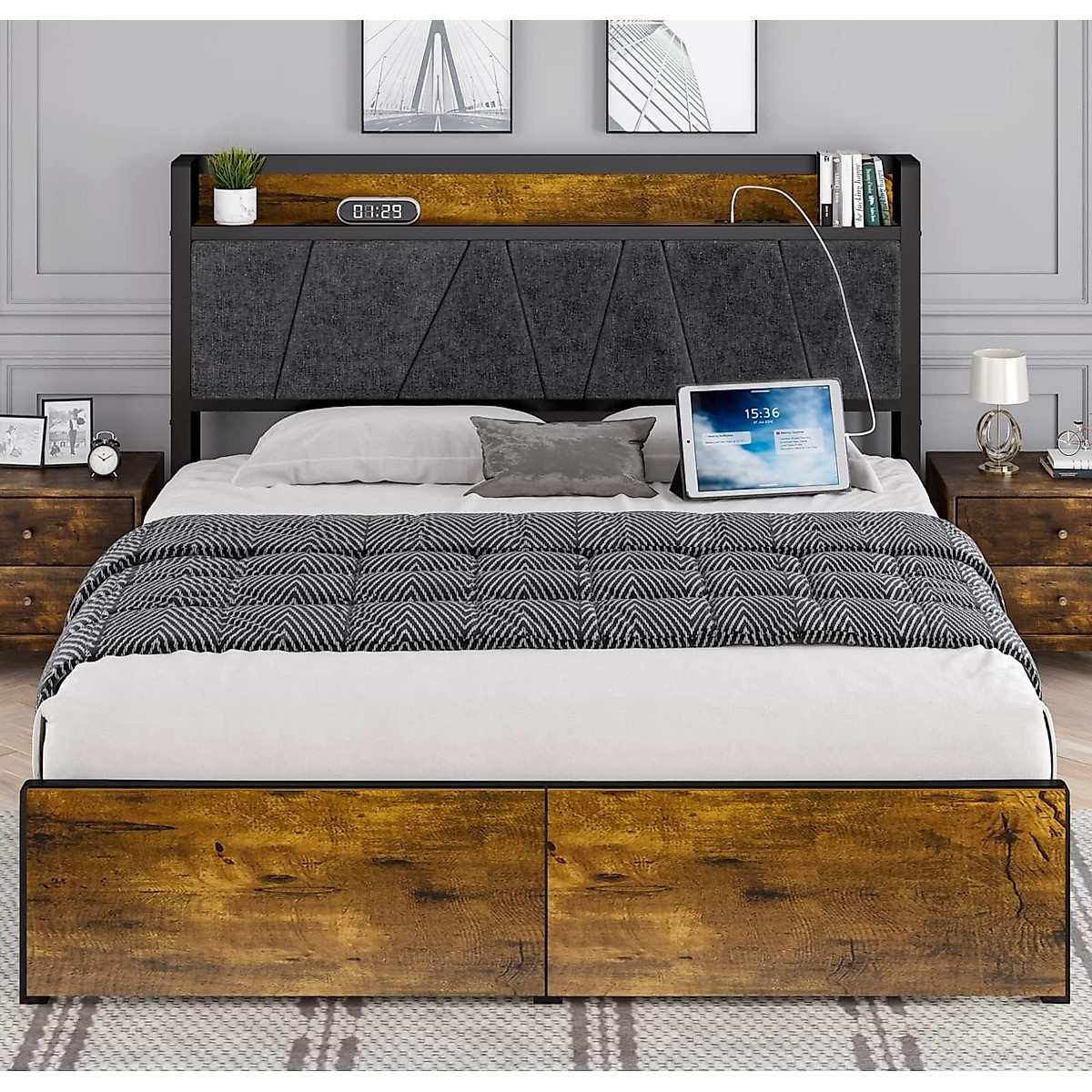 Catrimown Full Size Bed Frame with Charging Station and Storage Headboard, Platform Bed Frame Full Size with Storage Drawers, No Box Spring Needed/Strong Slat Support/Easy Assembly, Rustic Brown