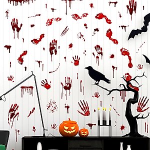 Halloween Bloody Wall Stickers Spooky Bloody Handprint Footprint Window Stickers Easy to Apply and Remove, Vivid Halloween Spooky Stickers Perfect for Halloween Party Indoor Outdoor Decorations