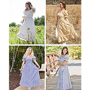 MEROKEETY Women's Plaid Square Neck Ruffle Puff Sleeve Midi Dress Summer Boho Backless Smocked Dress, Beige, Medium