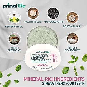 Primal Life Organics - Dirty Mouth Toothpowder, Tooth Cleaning Powder, Flavored Essential Oils with Natural Kaolin & Bentonite Clay, Good for 200+ Brushings, Organic, Vegan (Sweet Bubblegum, 0.25 oz)