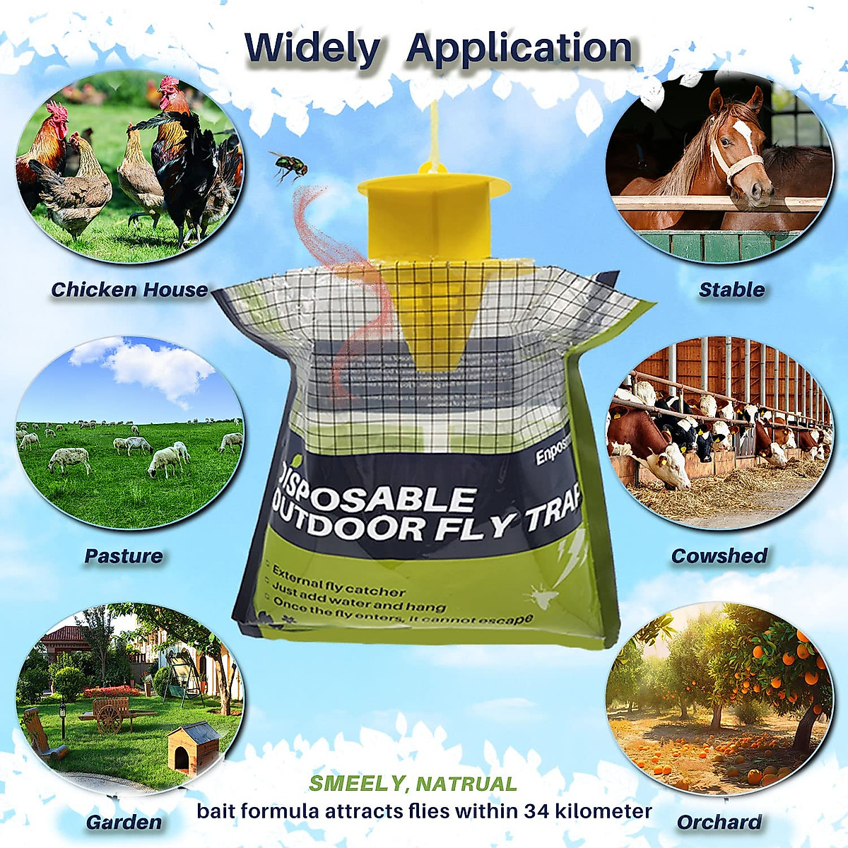 Enposmre 4 Pack Fly Traps Outdoor Hanging Disposable Fly Bags Trap, Effective Fly Catcher with Bait, Fly Killer for Patio, Chicken Coops, Horse Stables, Barns