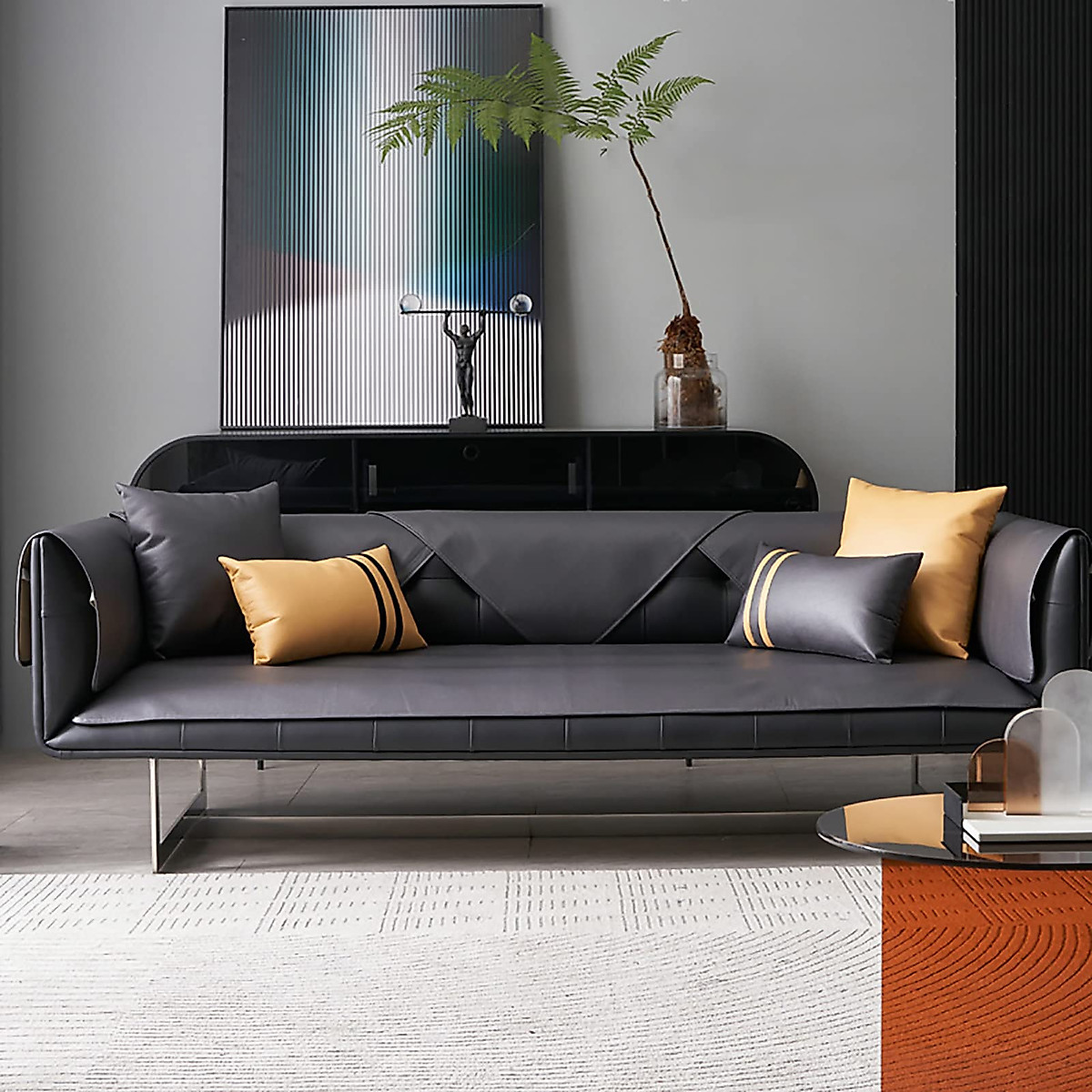 Leather Sofa Cover 1 2 3 4 Seater,L Shape Non-Slip Sectional Sofa Slipcover,Plain Color Couch Slipcover for Dogs Cats Pet Love Seat Recliner Armrest Backrest Cover-Dark Grey,30x50cm/Pillowcase