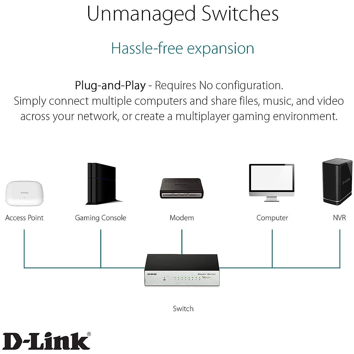 D-Link Ethernet Switch, 8 Port Unmanaged Gigabit Metal Fanless Desktop Plug n Play (GO-SW-8GE)
