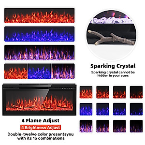 Ooiior 36 Inch Electric Fireplace, Recessed and Wall Mounted Fireplace with Remote Control, Ultra-Thin Fireplace Heater and Linear Fireplace, with Timer, Adjustable Flame Color, 750/1500W